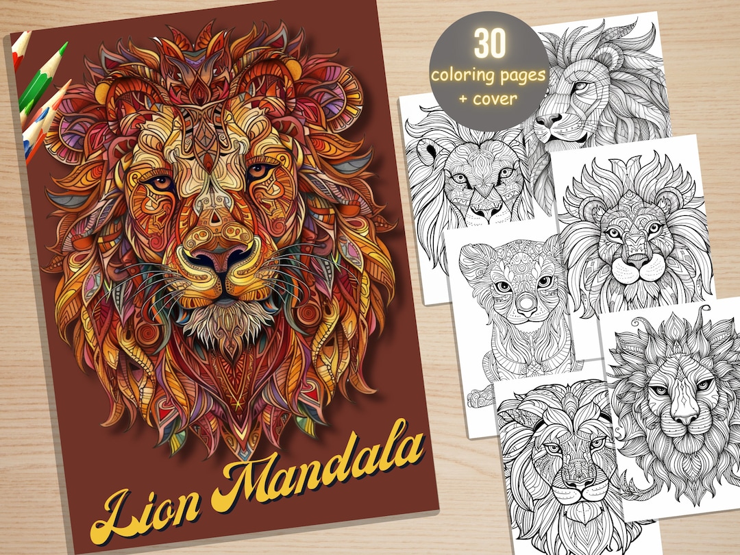 30 Lion Mandala Coloring Book, Printable Stress Relief Patterns ...