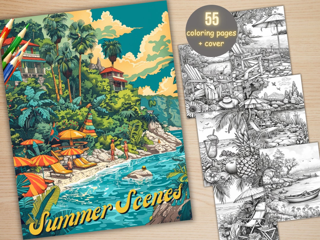 55 Summer Scenes Coloring Book, Printable Summer Beach Coloring Pages ...