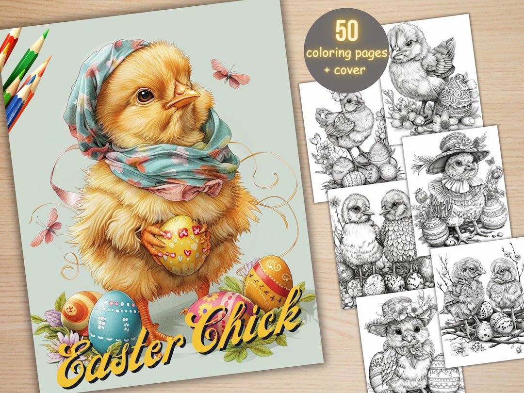 50 Easter Chick Coloring Book, Printable Easter Chick Scenes Coloring ...