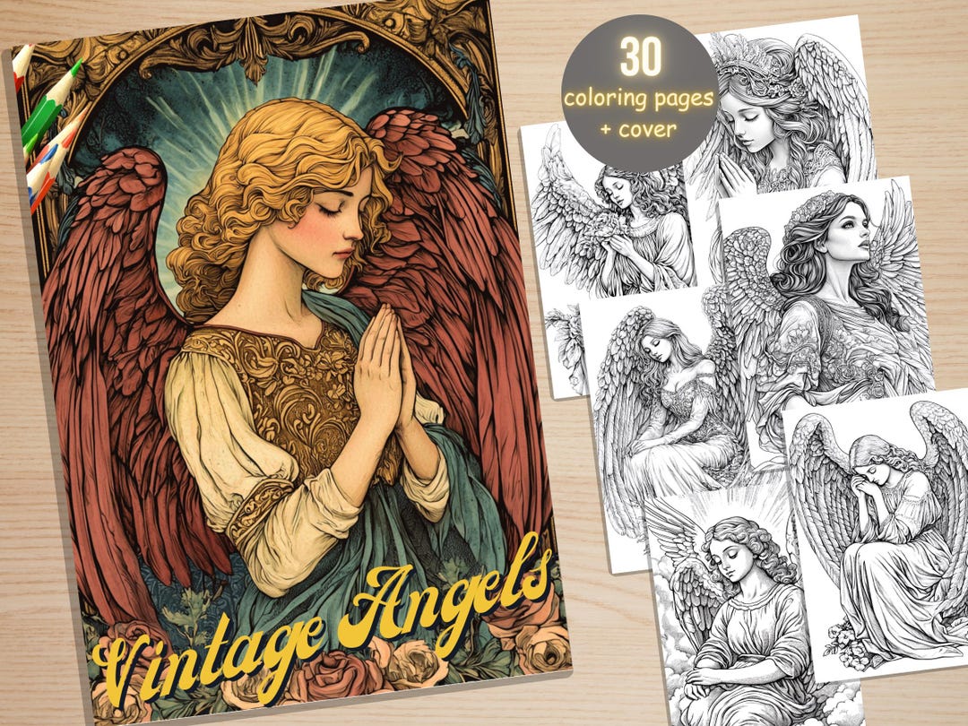30 Enchanted Vintage Angels Coloring Book, Printable Angel Wings ...