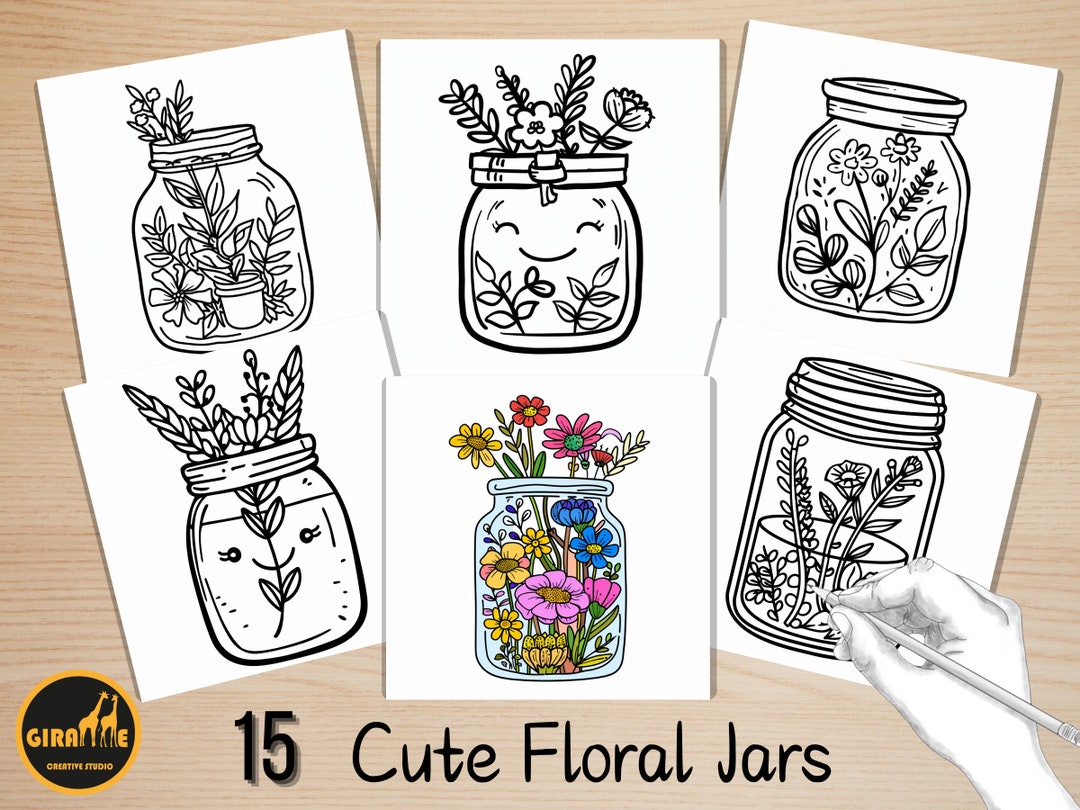 Bold and Easy Coloring Book, Cute Floral Jar Coloring Pages, Kawaii ...