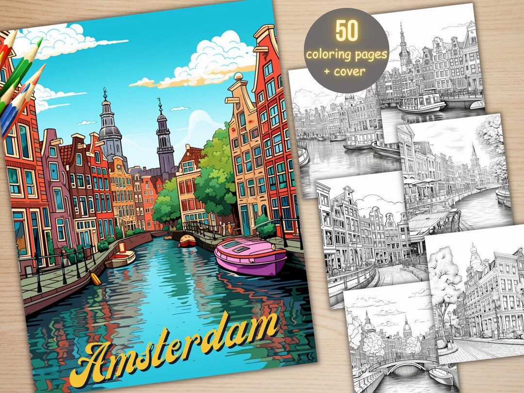 50 Amsterdam City Coloring Book, Printable PDF, Cafe Scenes Coloring ...