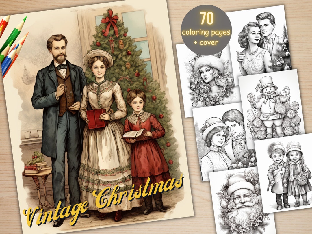 70 Vintage Christmas Bundle Coloring Book, Printable Retro Xmas Santa ...
