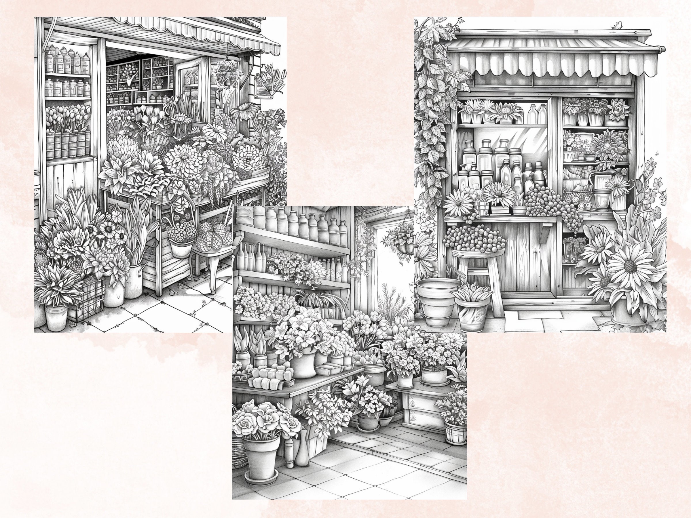 70 Flower Shop Scenes Coloring Book, Printable Flower Storefront ...
