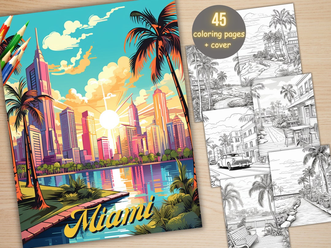 45 Miami City Coloring Book, Printable PDF, Florida Cafe Scenes ...