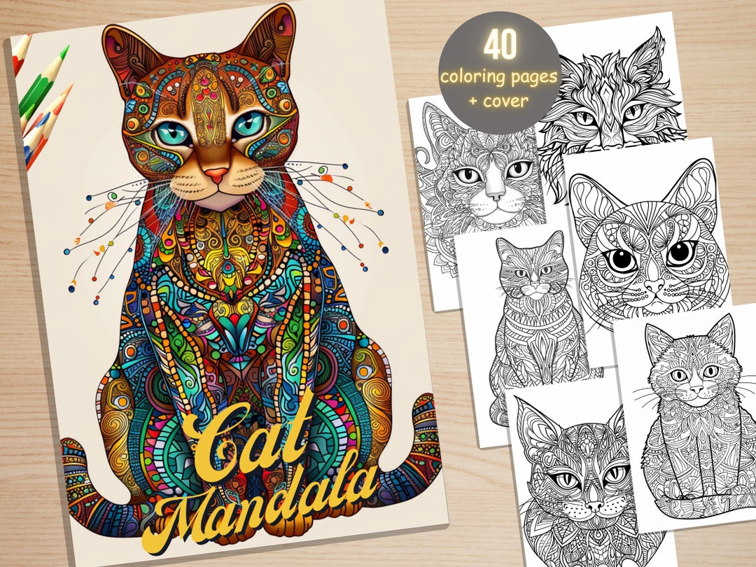 40 Cat Mandala Coloring Book, Printable Stress Relief Patterns Coloring ...