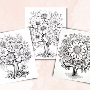 50 Floral Tree Coloring Book, Printable Enchanted Fantasy Tree Coloring ...