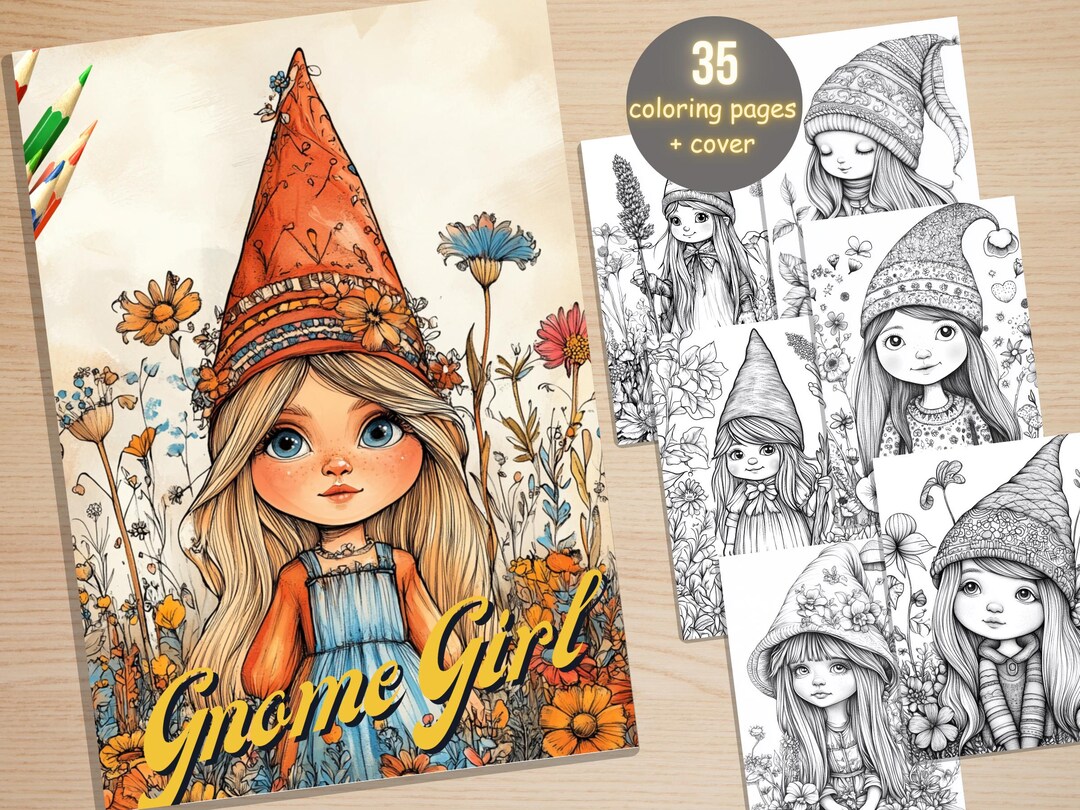 35 Garden Gnome Girl Coloring Book, Printable Floral Cute Gnomes ...