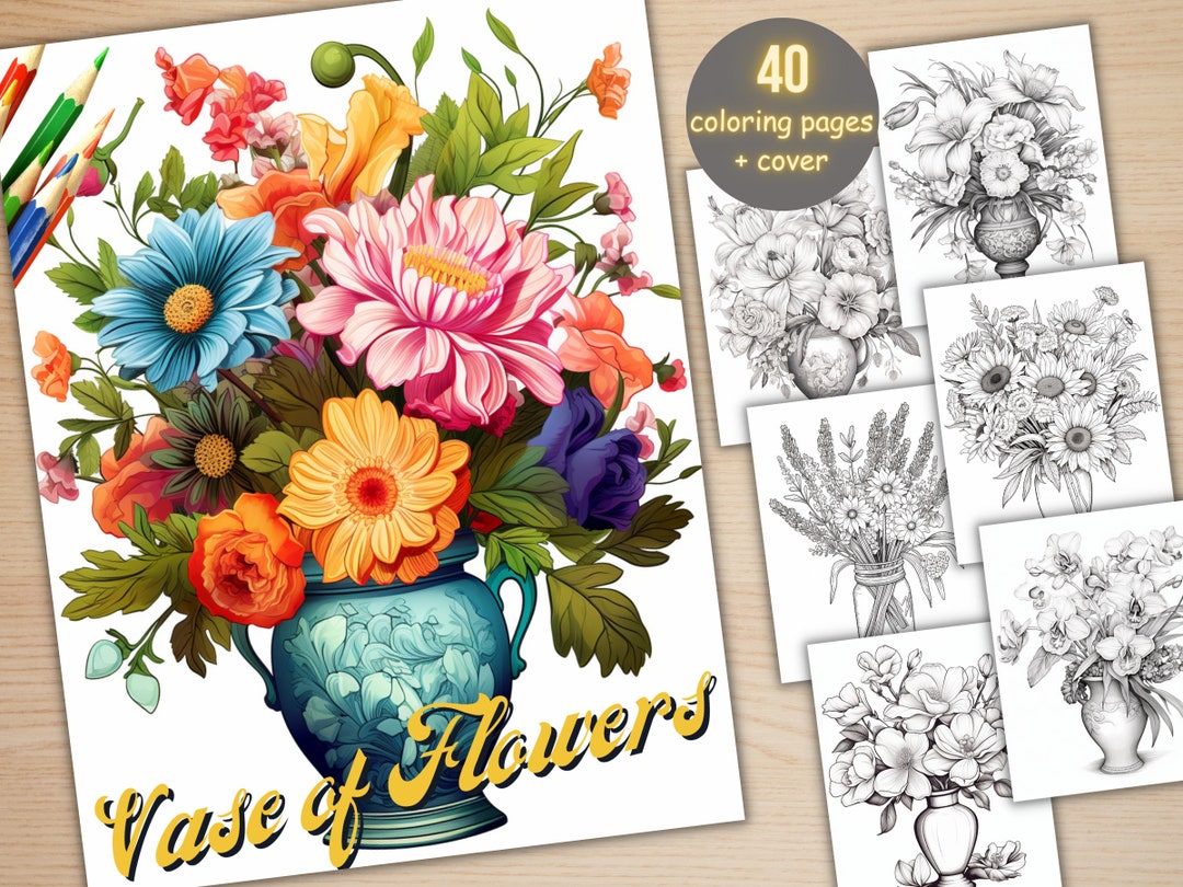 40 Vase of Flowers Coloring Book, Printable PDF, Botanical Floral Plant ...