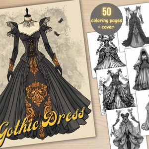 50 Gothic Dress Coloring Book, Printable Dark Fashion Dress Coloring ...