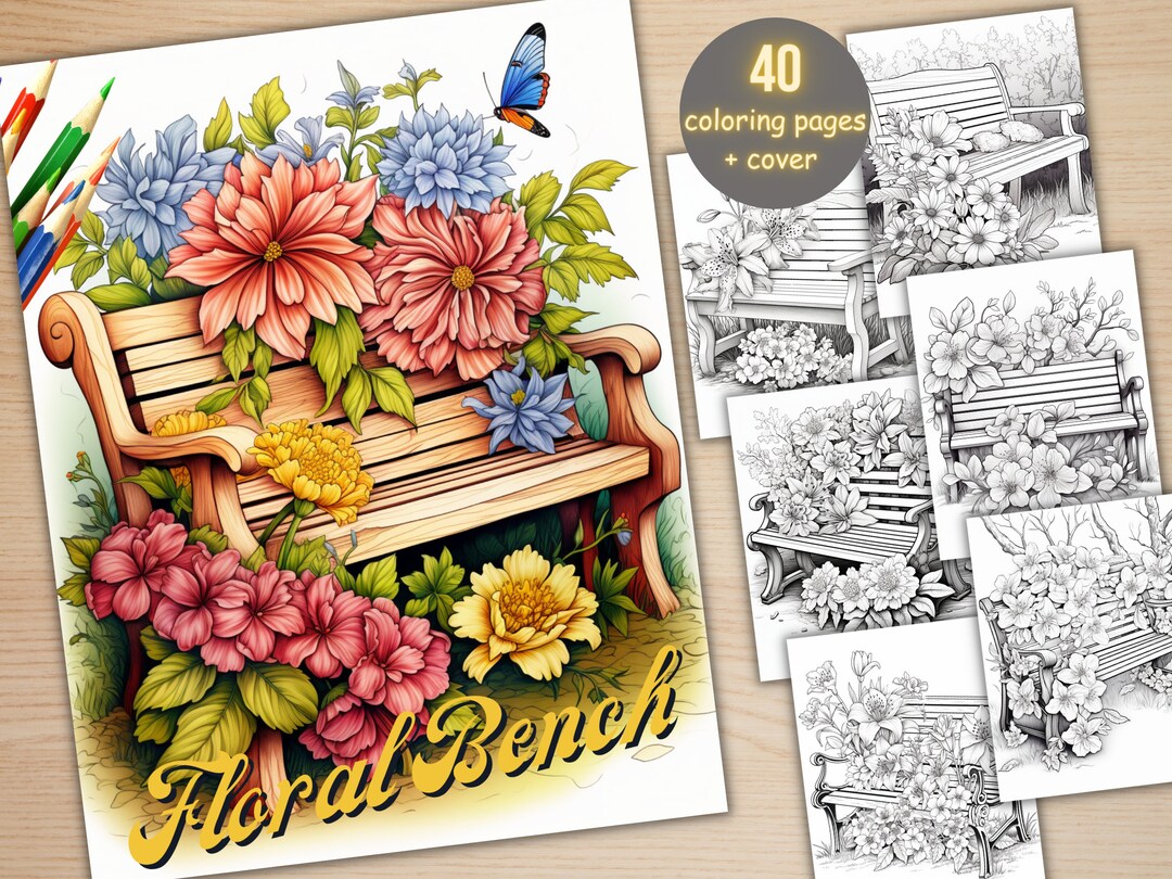 40 Floral Bench Coloring Book, Printable Enchanted Fantasy Garden ...