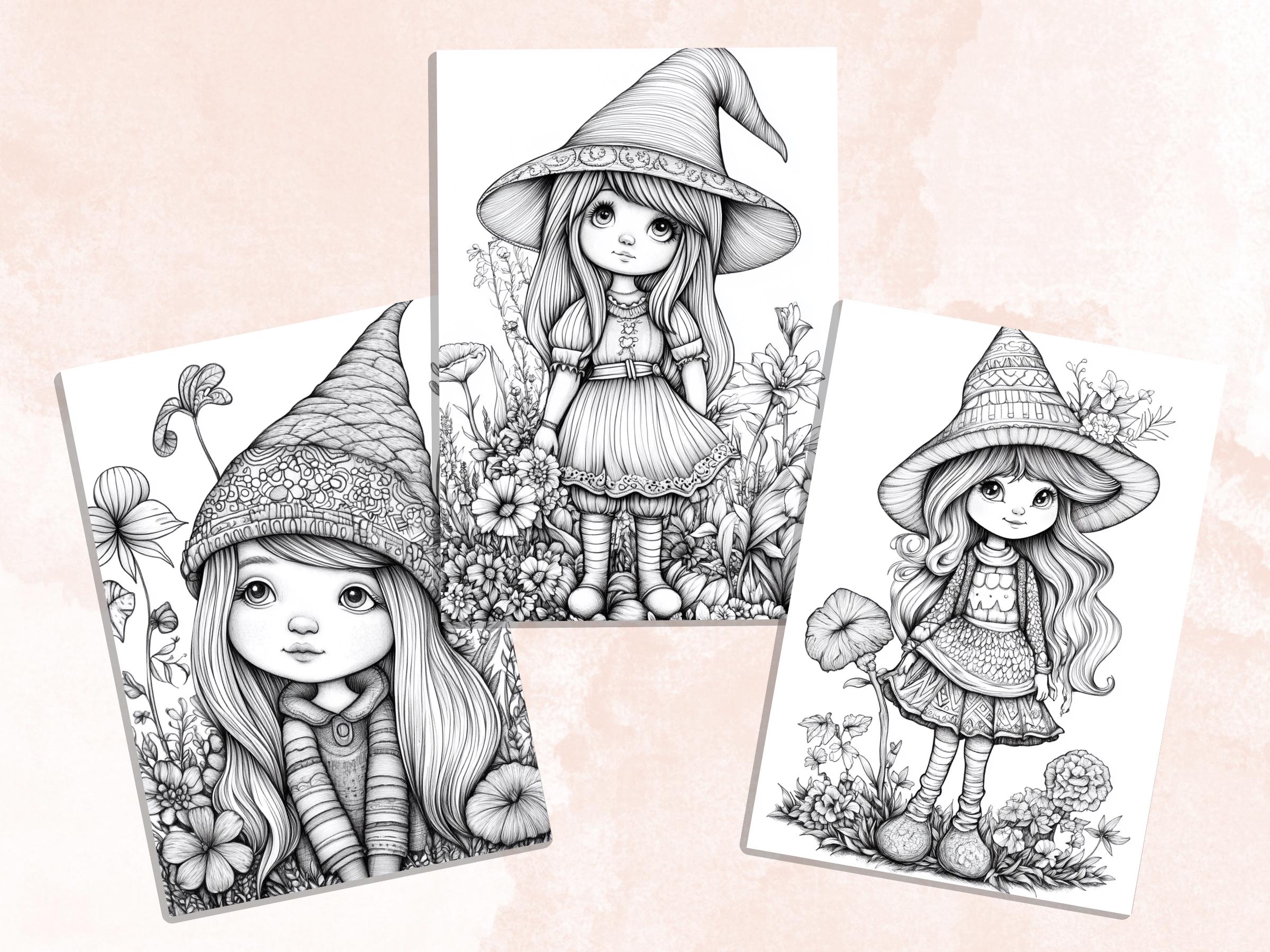 35 Garden Gnome Girl Coloring Book, Printable Floral Cute Gnomes ...