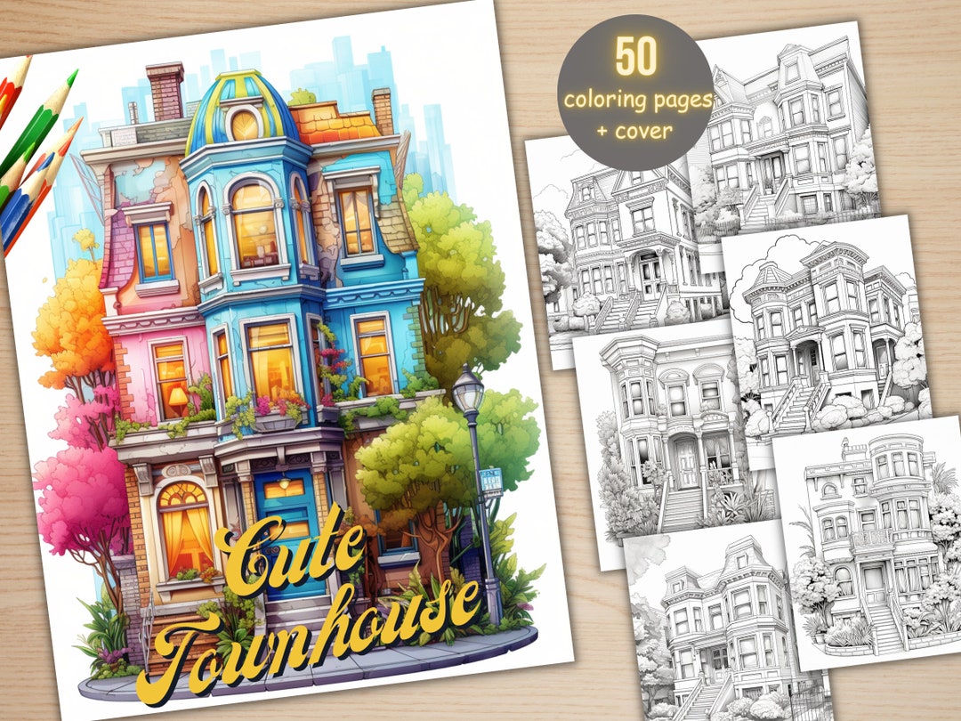50 Cute Townhouse House Coloring Book, Printable Fantasy City House ...