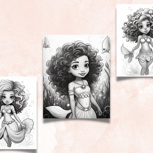 40 Little Black Mermaid Coloring Book, Printable Fantasy Cute Afro ...