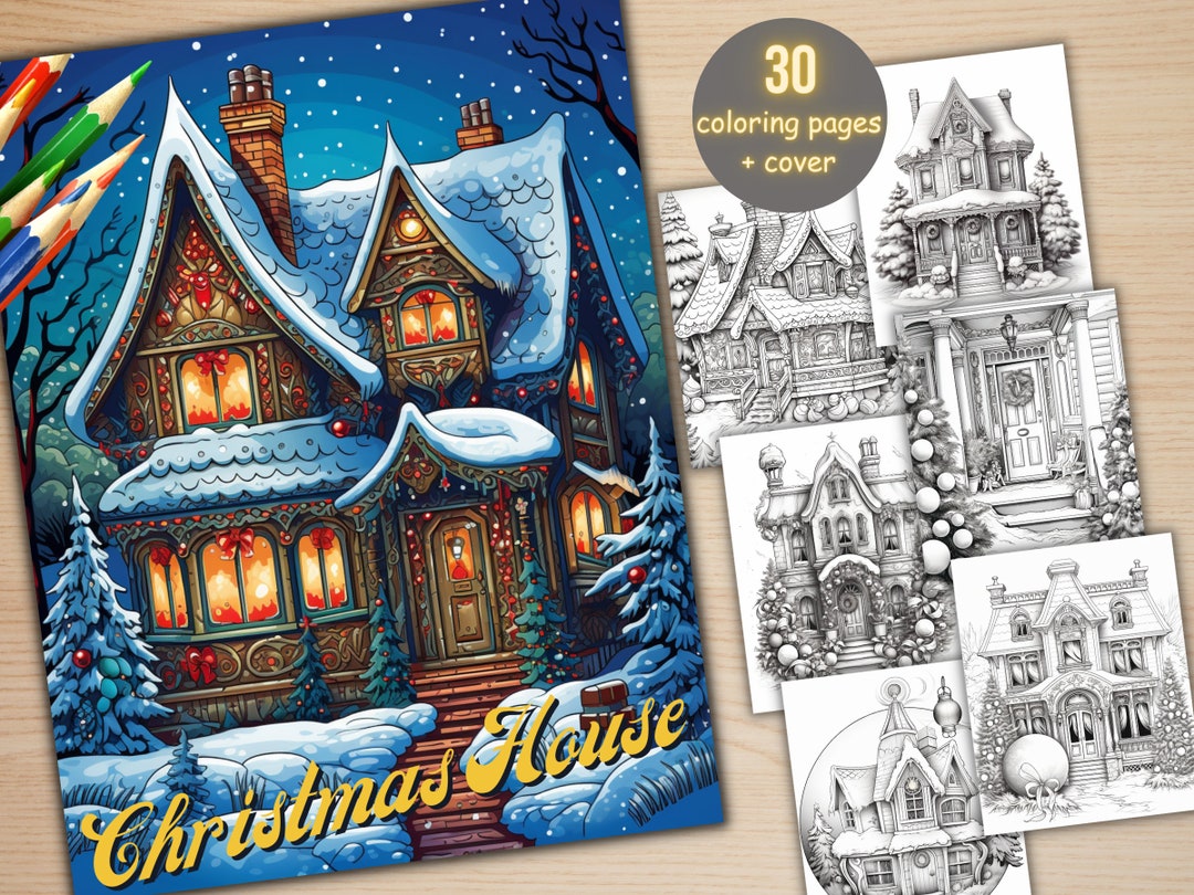 30 Christmas Houses Coloring Book, Printable Fantasy Xmas Cottage ...
