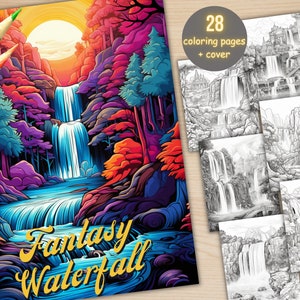 28 Fantasy Waterfall Coloring Book, Printable PDF, Nature Scenery ...
