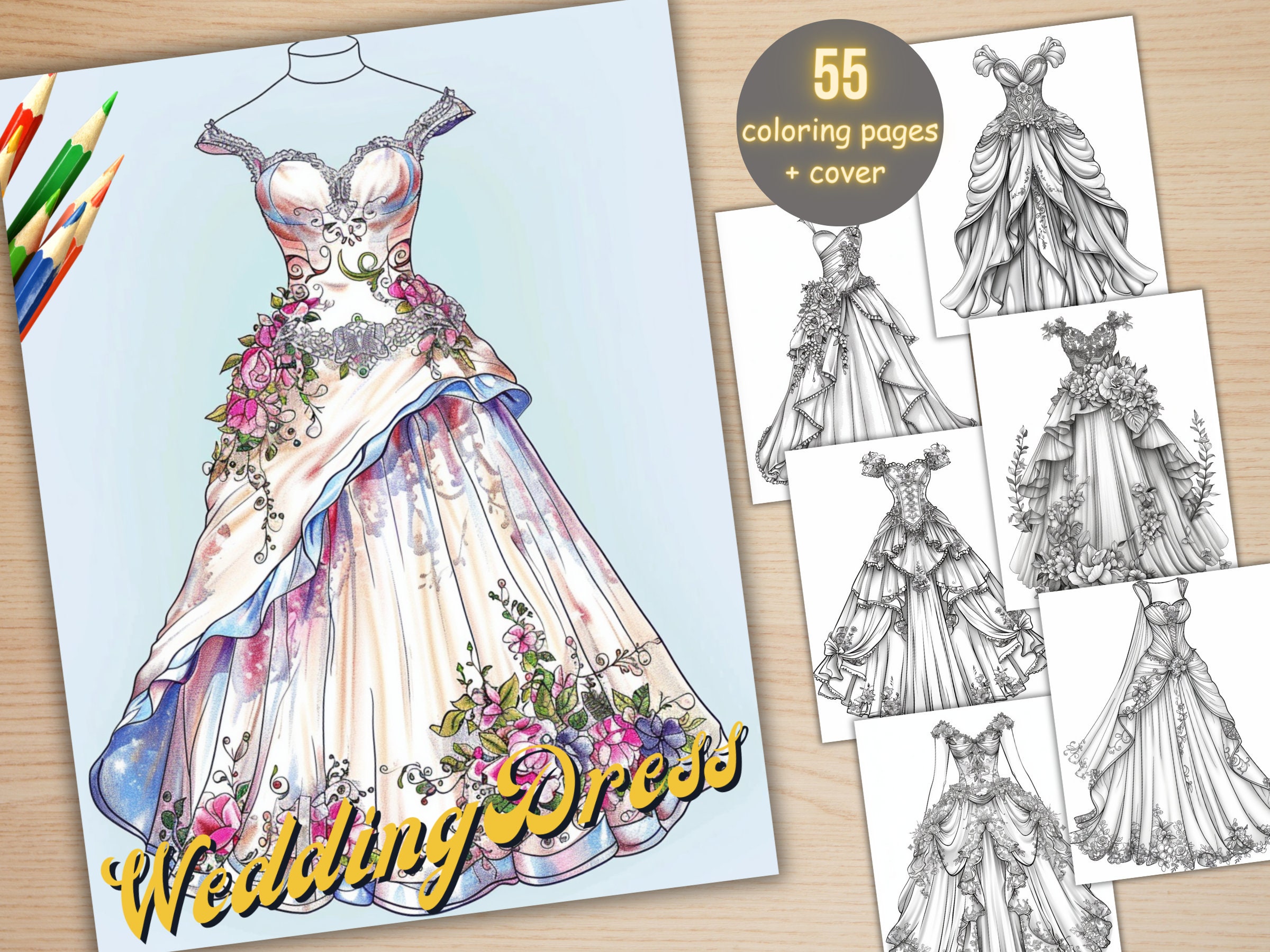 55 Wedding Dress Coloring Book, Printable Bridal Fashion Dress Coloring ...