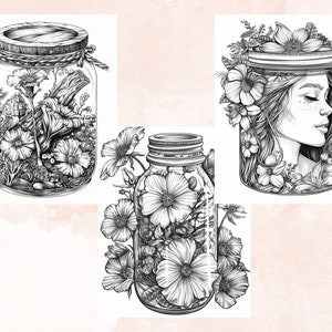 40 Spring Jars Coloring Book, Printable Floral Scenes Coloring Pages ...