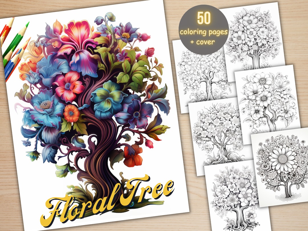 50 Floral Tree Coloring Book, Printable Enchanted Fantasy Tree Coloring ...