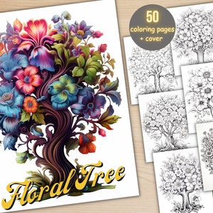 50 Floral Tree Coloring Book, Printable Enchanted Fantasy Tree Coloring ...