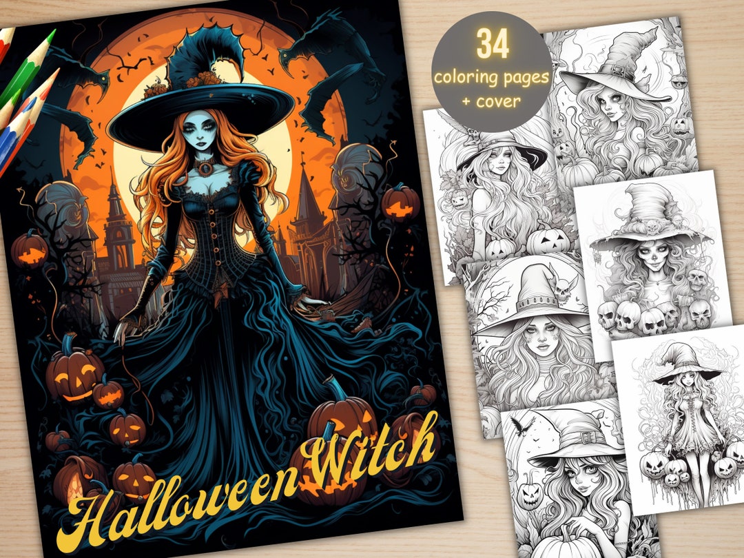 34 Halloween Witch Coloring Book, Printable Gothic Pumpkin Witch Girls ...
