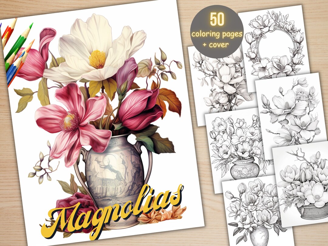 50 Magnolia Flowers Coloring Book, Printable PDF, Botanical Floral ...