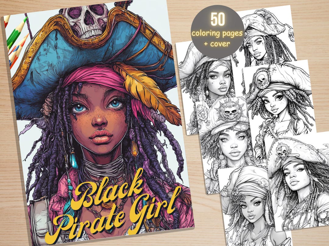 50 Black Pirate Women Coloring Book, Afro African Sailor Girl Coloring ...