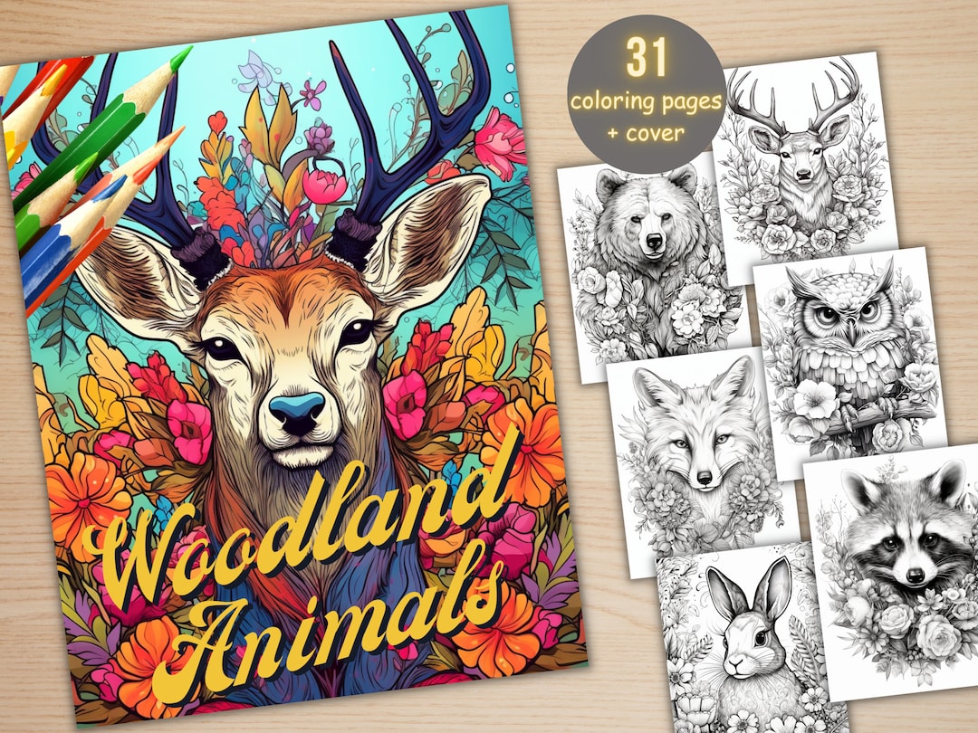 31 Floral Woodland Animals Coloring Book, Printable Forest Animals ...