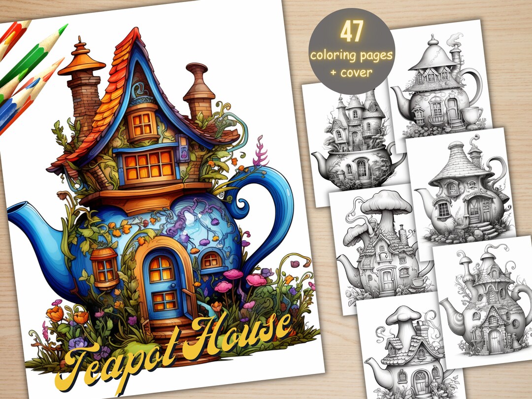 47 Floral Teapot Fairy Houses Coloring Book, Printable Fantasy Tea Pot ...
