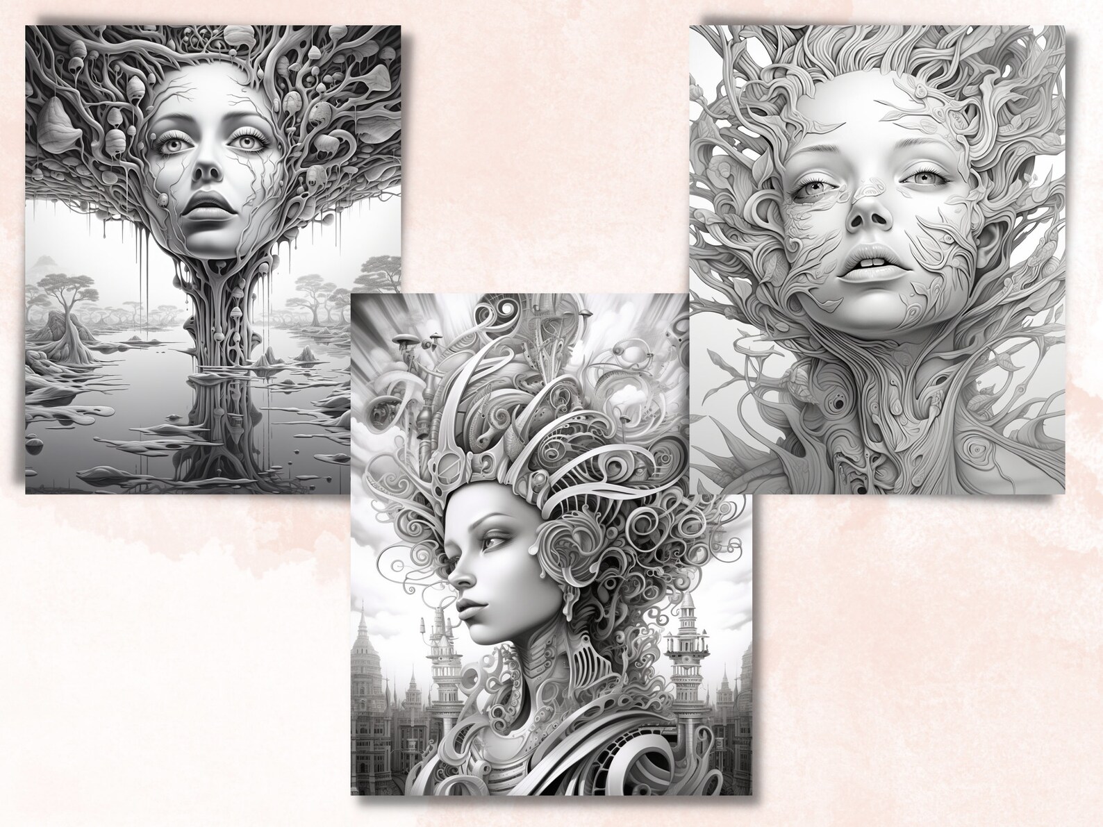 50 Surrealism Coloring Book, Printable PDF, Fantasy Landscape Coloring ...