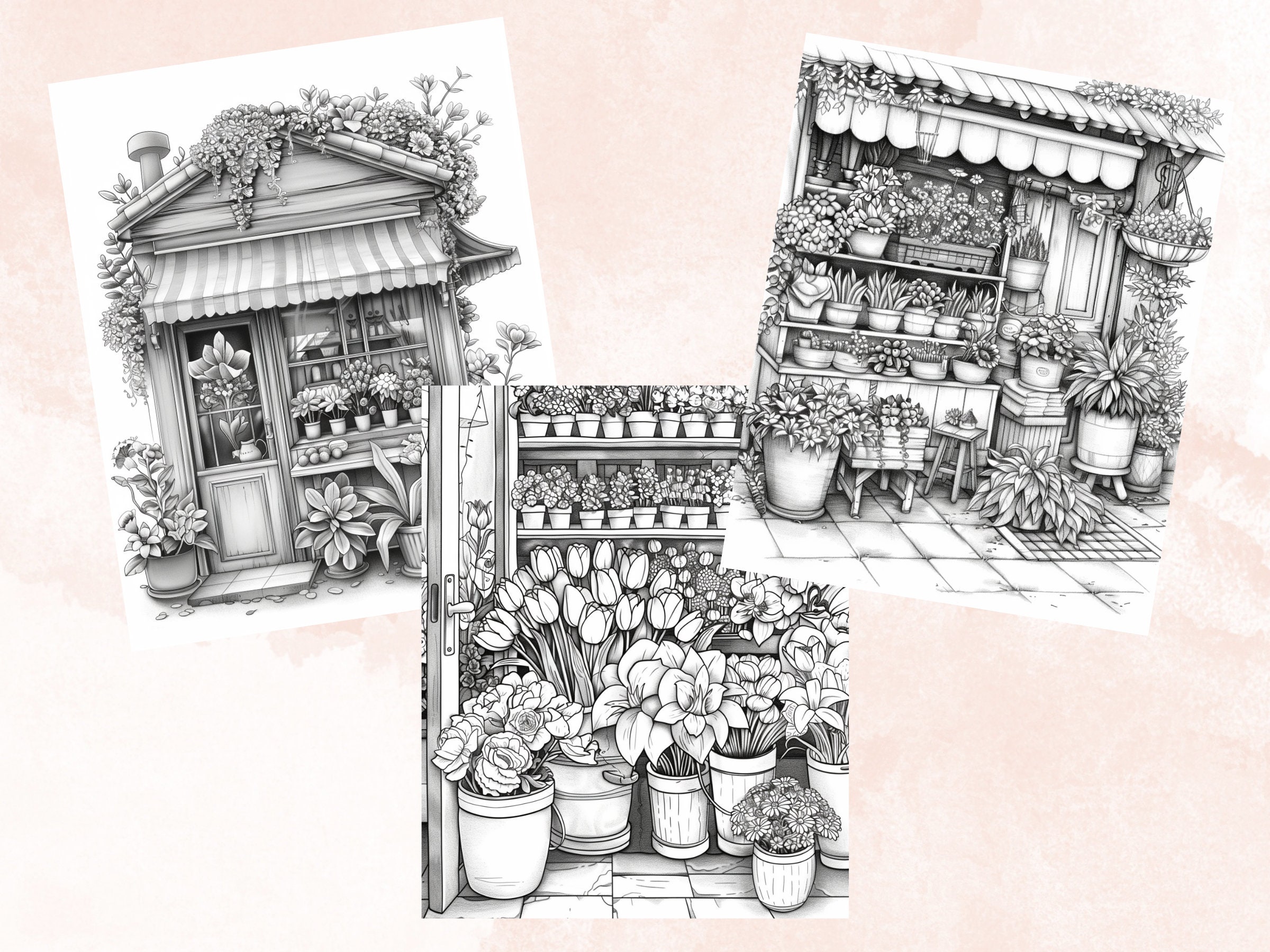 70 Flower Shop Scenes Coloring Book, Printable Flower Storefront ...