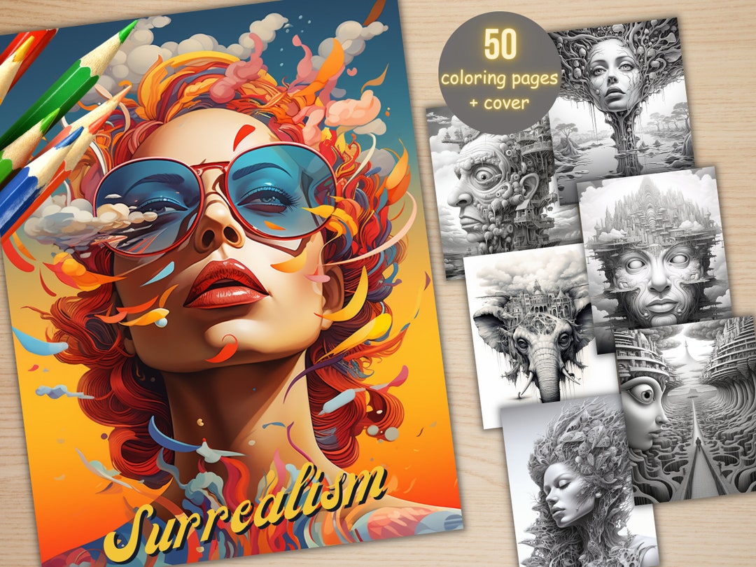 50 Surrealism Coloring Book, Printable PDF, Fantasy Landscape Coloring ...