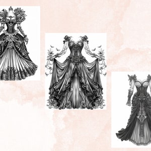50 Gothic Dress Coloring Book, Printable Dark Fashion Dress Coloring ...