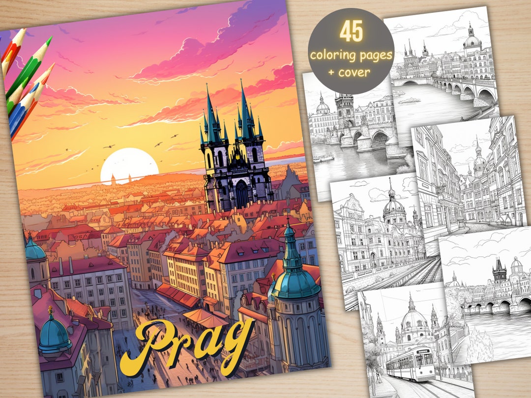 45 Prague City Coloring Book, Printable PDF, Czechia Cafe Scenes ...