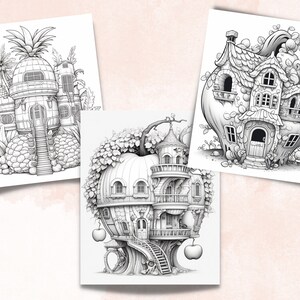 33 Fruit Houses Coloring Book, Printable Fantasy Cute Kawaii House ...
