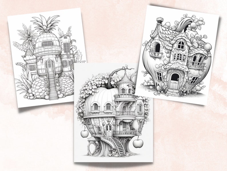 33 Fruit Houses Coloring Book Printable Fantasy Cute Kawaii - Etsy