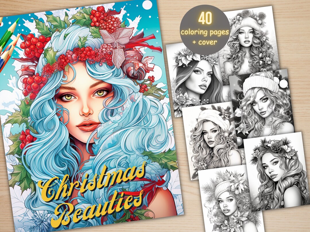 40 Christmas Beauties Coloring Book, Printable Fantasy Noel Woman ...
