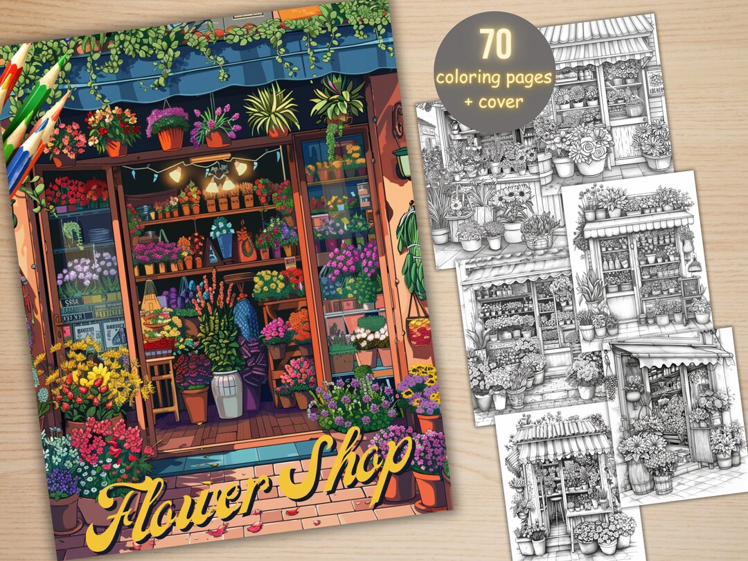 70 Flower Shop Scenes Coloring Book, Printable Flower Storefront ...