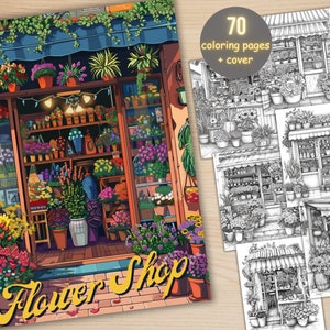 70 Flower Shop Scenes Coloring Book, Printable Flower Storefront ...