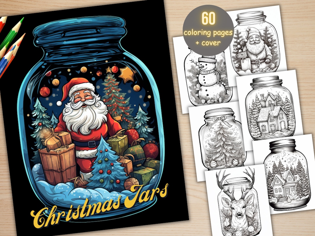 60 Christmas in a Jar Coloring Book, Printable Xmas Noel Jars Coloring ...