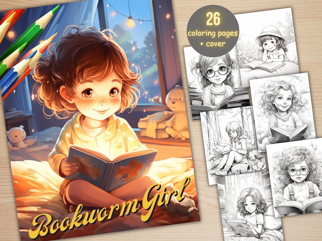 26 Bookworm Girl Coloring Book, Printable PDF, Pretty Little Cute ...
