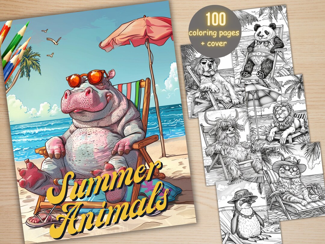 100 Summer Animals Coloring Book, Printable Cute Summer Beach Animal ...