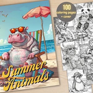100 Summer Animals Coloring Book, Printable Cute Summer Beach Animal ...
