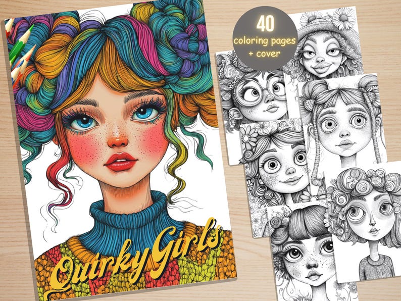40 Quirky Girk Coloring Book, Printable Whimsical Quirky Girl Coloring ...