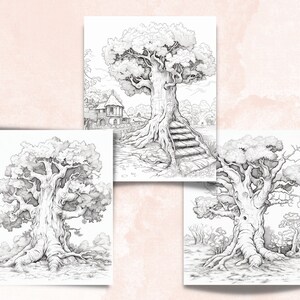 50 Fantasy Tree Coloring Book, Printable Enchanted Tree House Coloring ...
