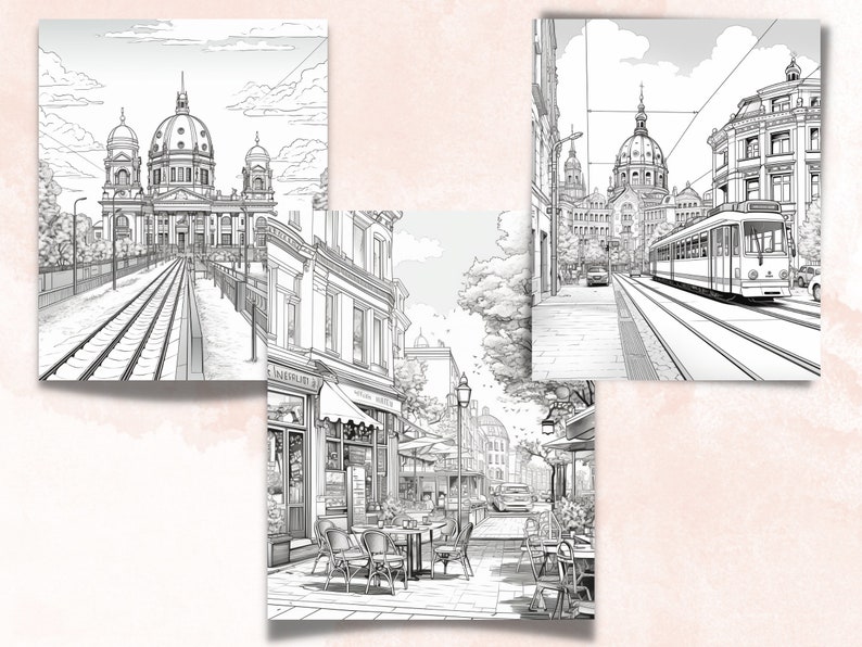 50 Berlin City Coloring Book, Printable PDF, Germany Cafe Scenes ...