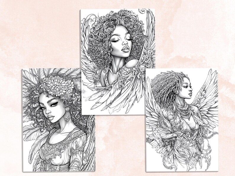 25 Afro Black Angel Women Coloring Book, Afro African Angels Coloring ...
