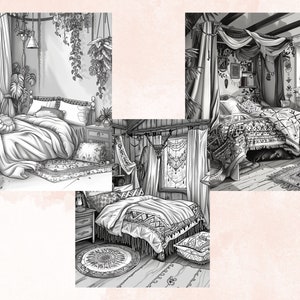 50 Boho Bedroom Coloring Book, Printable Bohemian Interior Design ...
