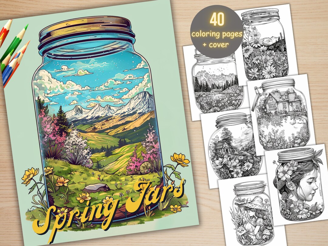 40 Spring Jars Coloring Book, Printable Floral Scenes Coloring Pages ...