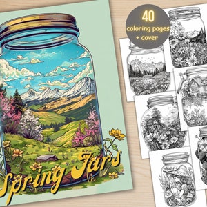 40 Spring Jars Coloring Book, Printable Floral Scenes Coloring Pages, Grayscale Spring Flowers ...